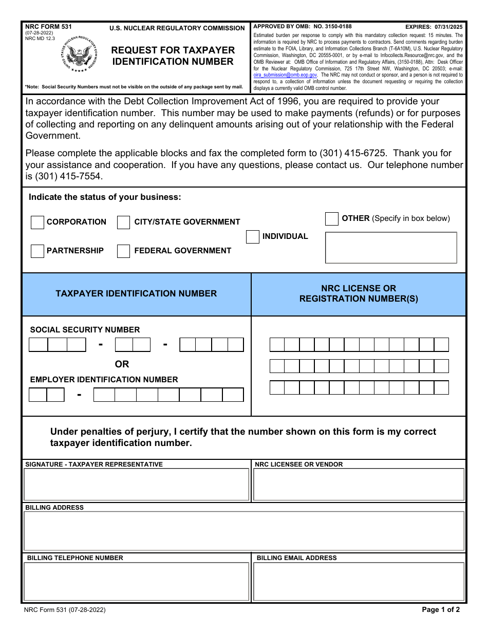 NRC Form 531 Download Fillable PDF or Fill Online Request for Taxpayer Identification Number ...