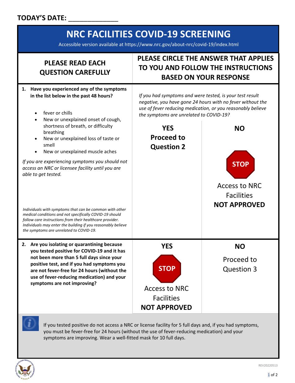 NRC Facilities Covid-19 Screening - Fill Out, Sign Online and Download ...
