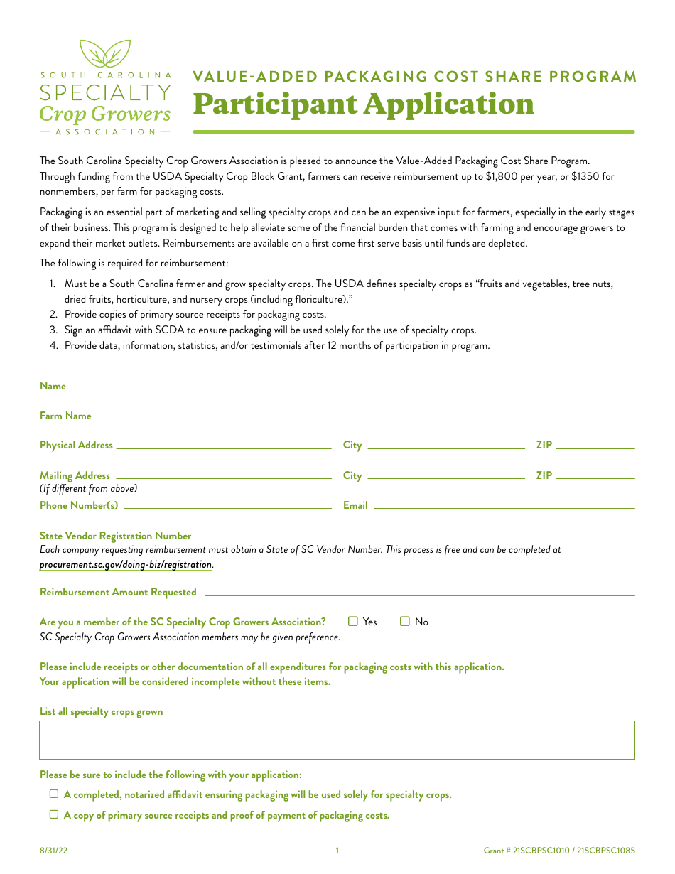 South Carolina Participant Application - Value-Added Packaging Cost Share Program - Fill Out ...