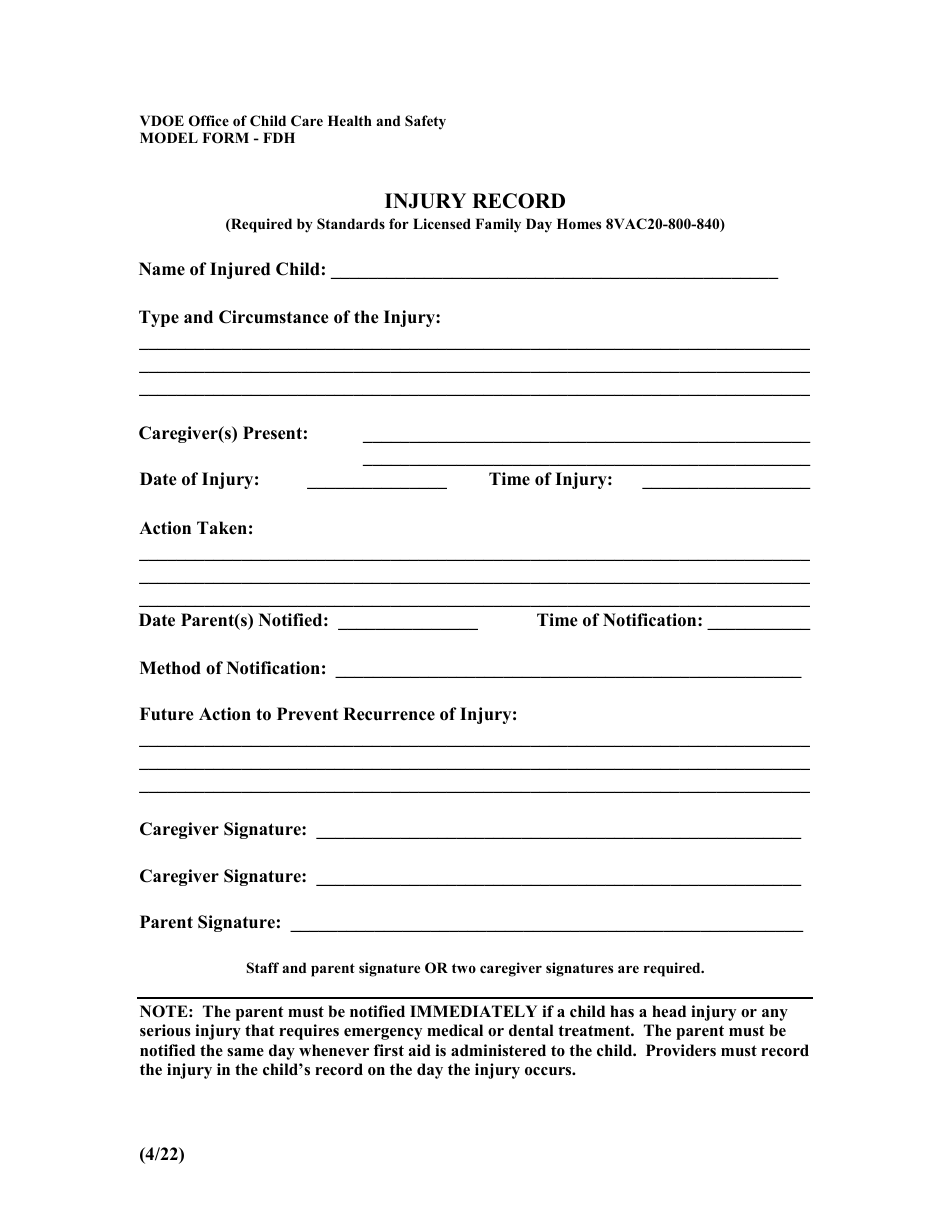 Virginia Injury Record - Fill Out, Sign Online and Download PDF ...