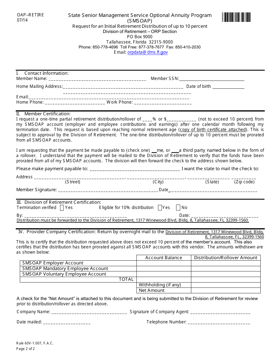 Form OAP-RETIRE - Fill Out, Sign Online and Download Fillable PDF, Florida | Templateroller
