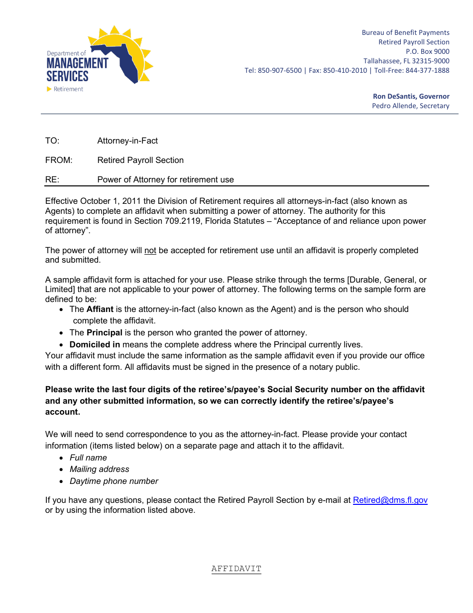 Florida Power of Attorney Cover Letter and Affidavit for Agents - Fill ...
