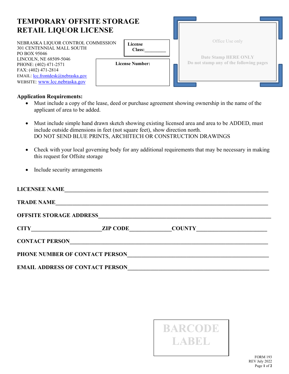 Form 193 - Fill Out, Sign Online and Download Fillable PDF, Nebraska ...