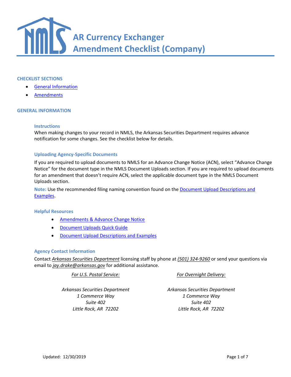 Arkansas Ar Currency Exchanger Amendment Checklist (Company) - Fill Out ...