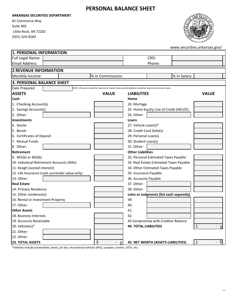 Arkansas Personal Balance Sheet - Fill Out, Sign Online and Download ...