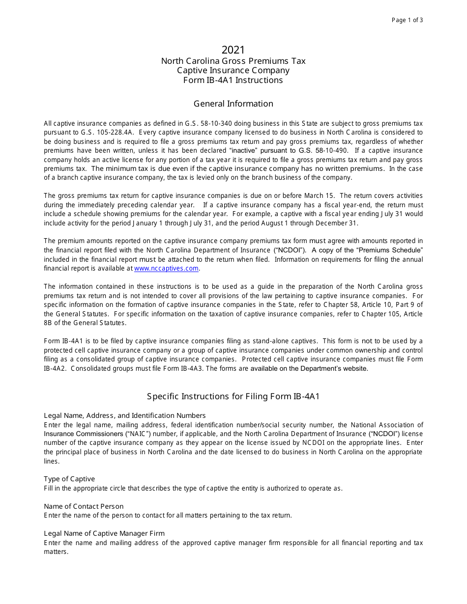 Download Instructions for Form IB-4A1 Gross Premiums Tax Return - Captive Insurance Companies ...