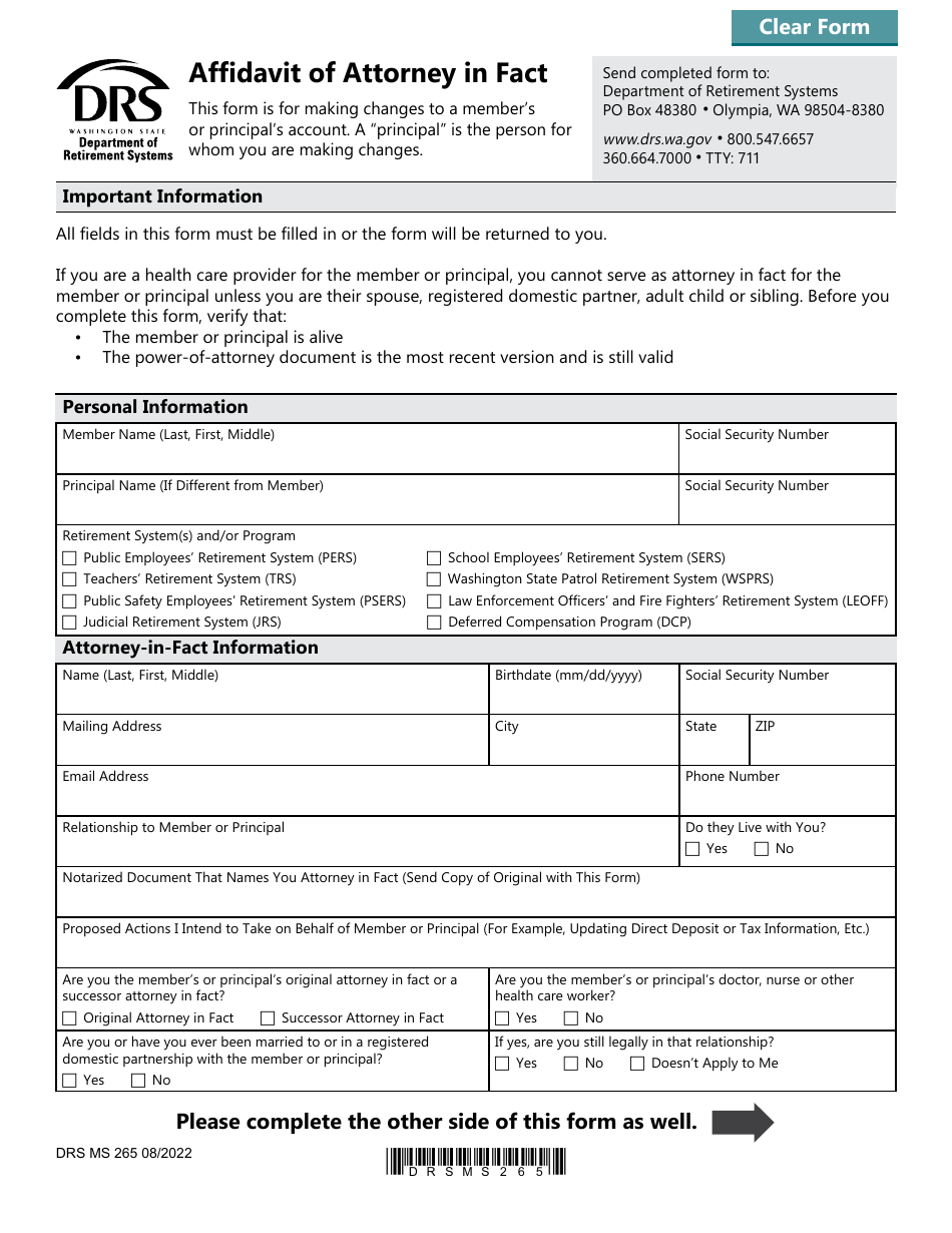Form DRS MS265 Download Fillable PDF or Fill Online Affidavit of ...