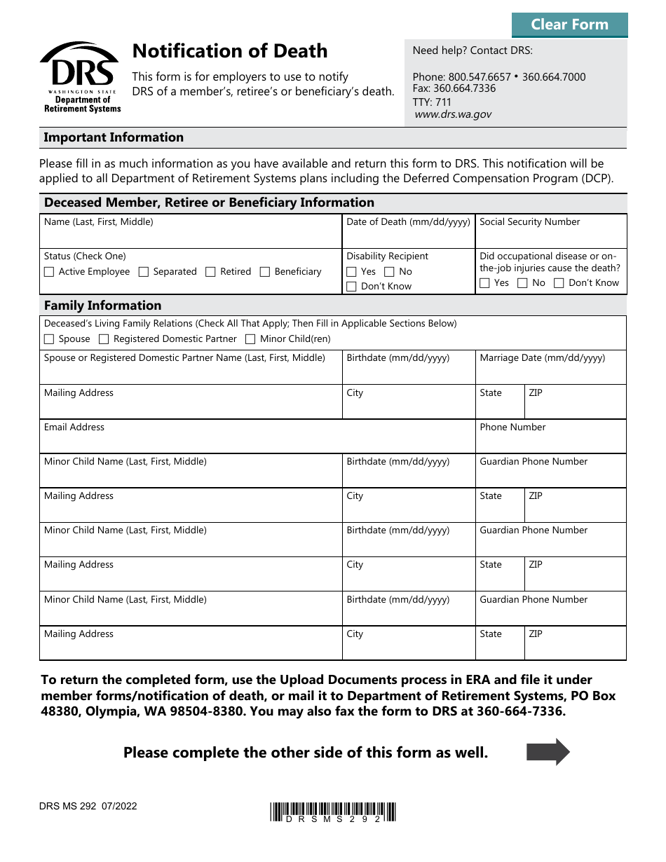 Form DRS MS292 Download Fillable PDF or Fill Online Notification of ...