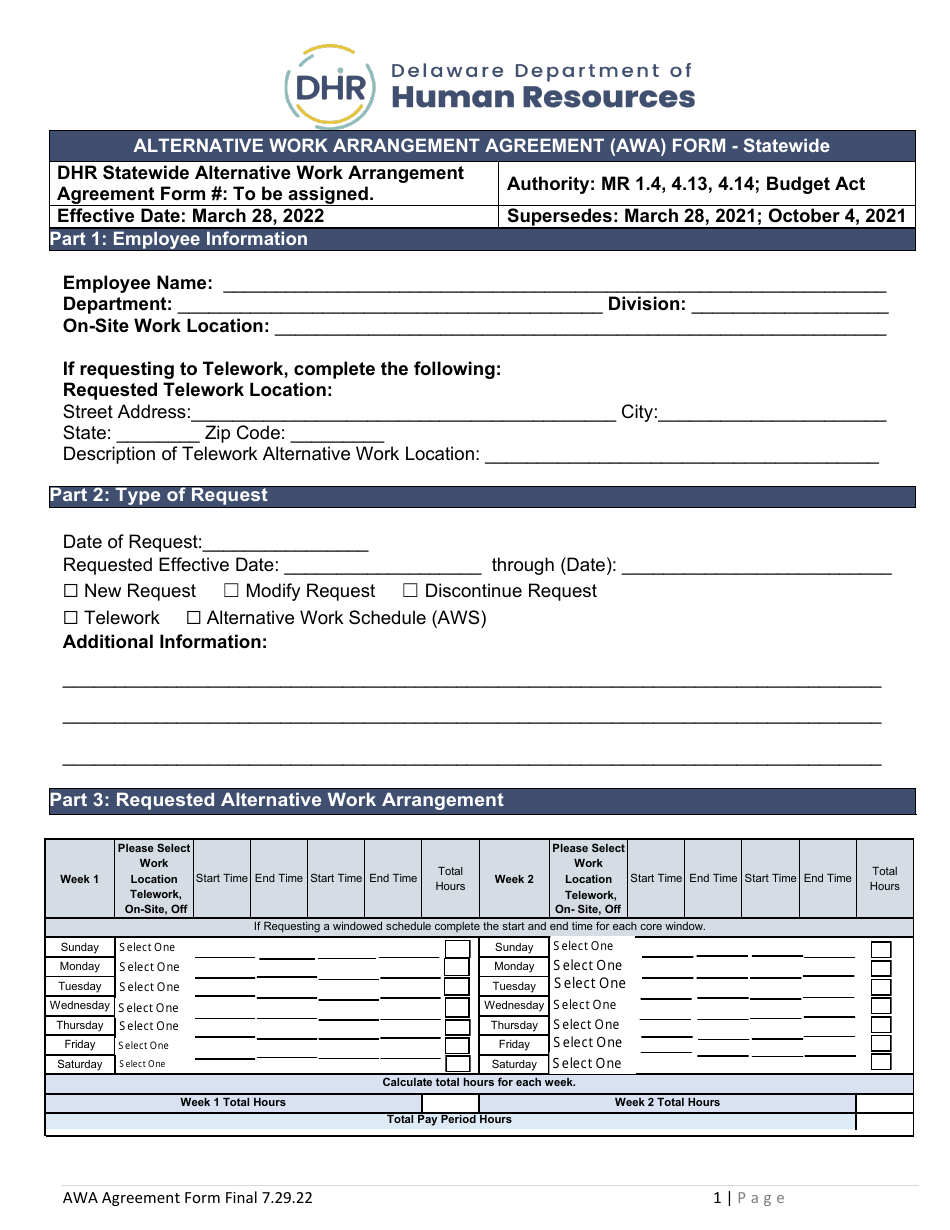 Delaware Alternative Work Arrangement Agreement (Awa) Form - Statewide ...