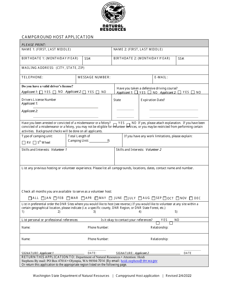 Washington Campground Host Application Download Printable PDF | Templateroller