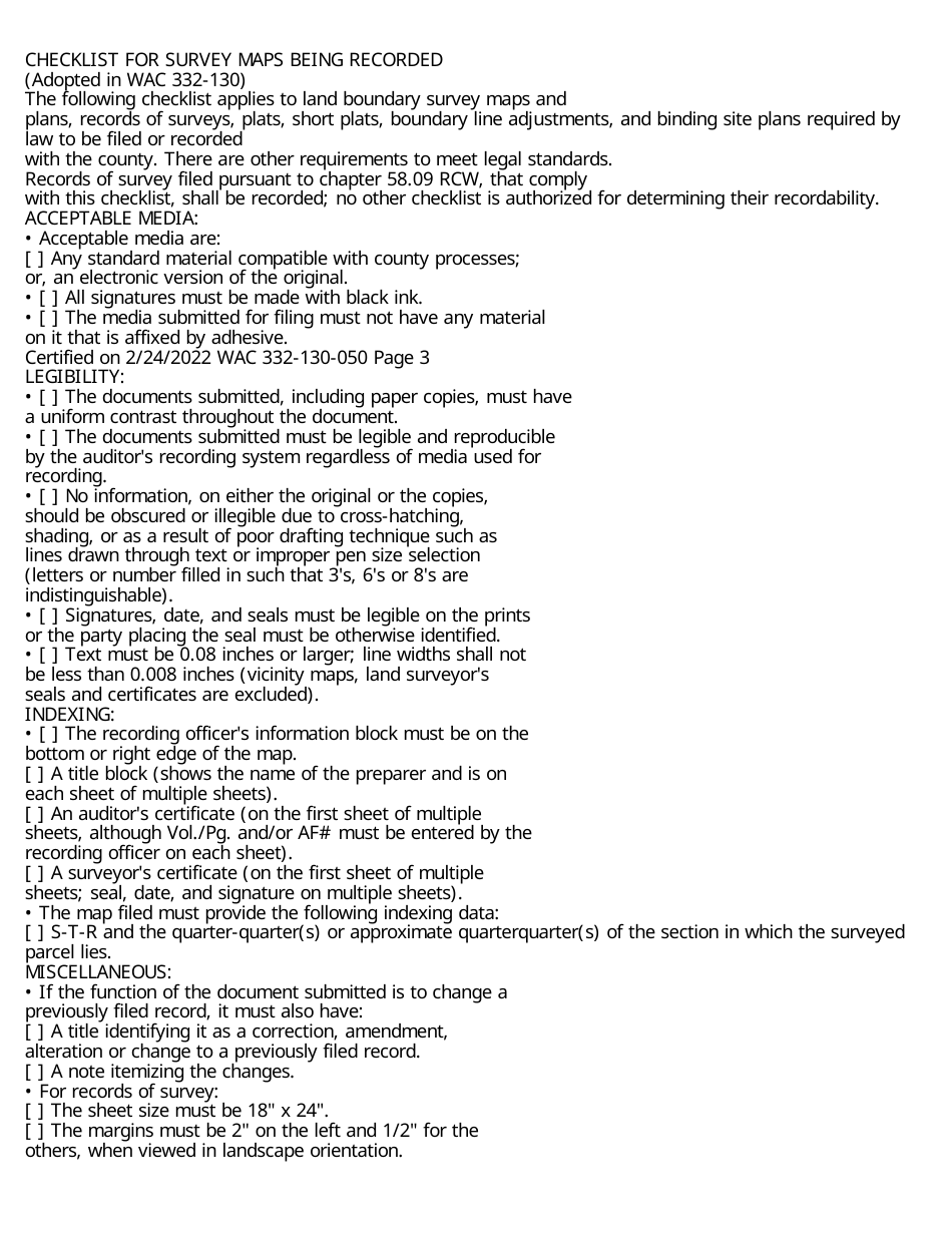 Washington Checklist for Survey Maps Being Recorded - Fill Out, Sign ...