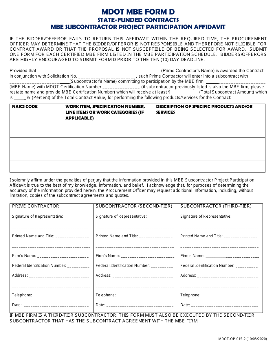 MDOT MBE Form D (MDOT-OP015-2) - Fill Out, Sign Online and Download ...