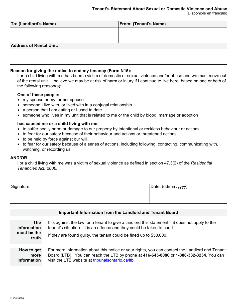 Ontario Canada Tenant's Statement About Sexual or Domestic Violence and ...