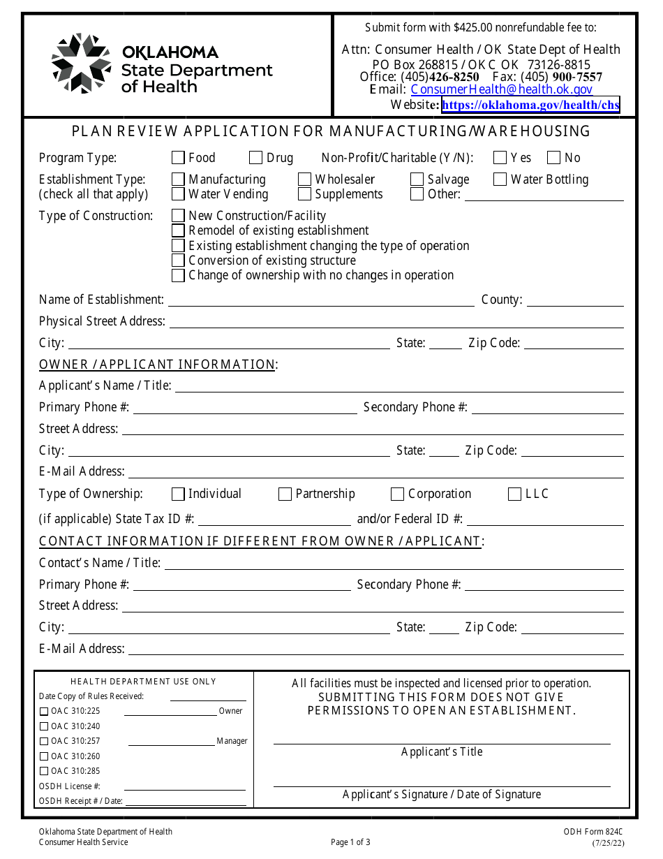 ODH Form 824C Download Fillable PDF or Fill Online Plan Review ...