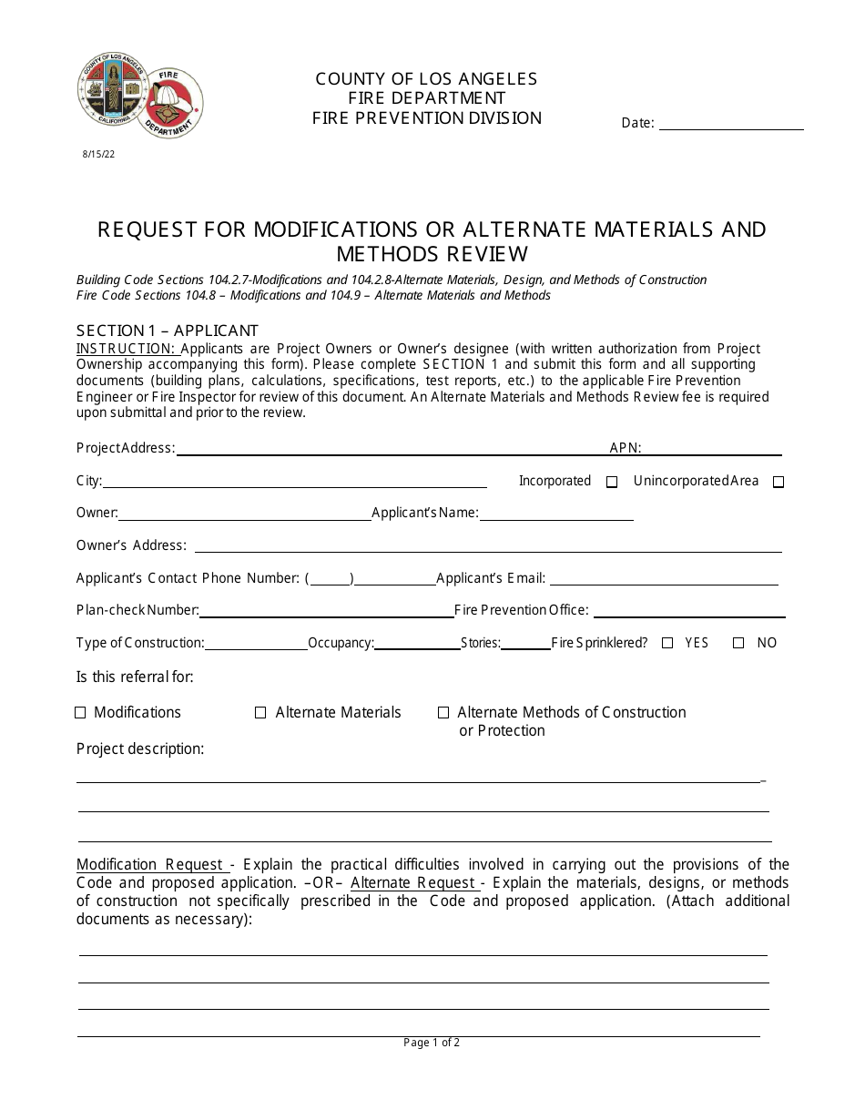 County of Los Angeles, California Request for Modifications or Alternate Materials and Methods ...