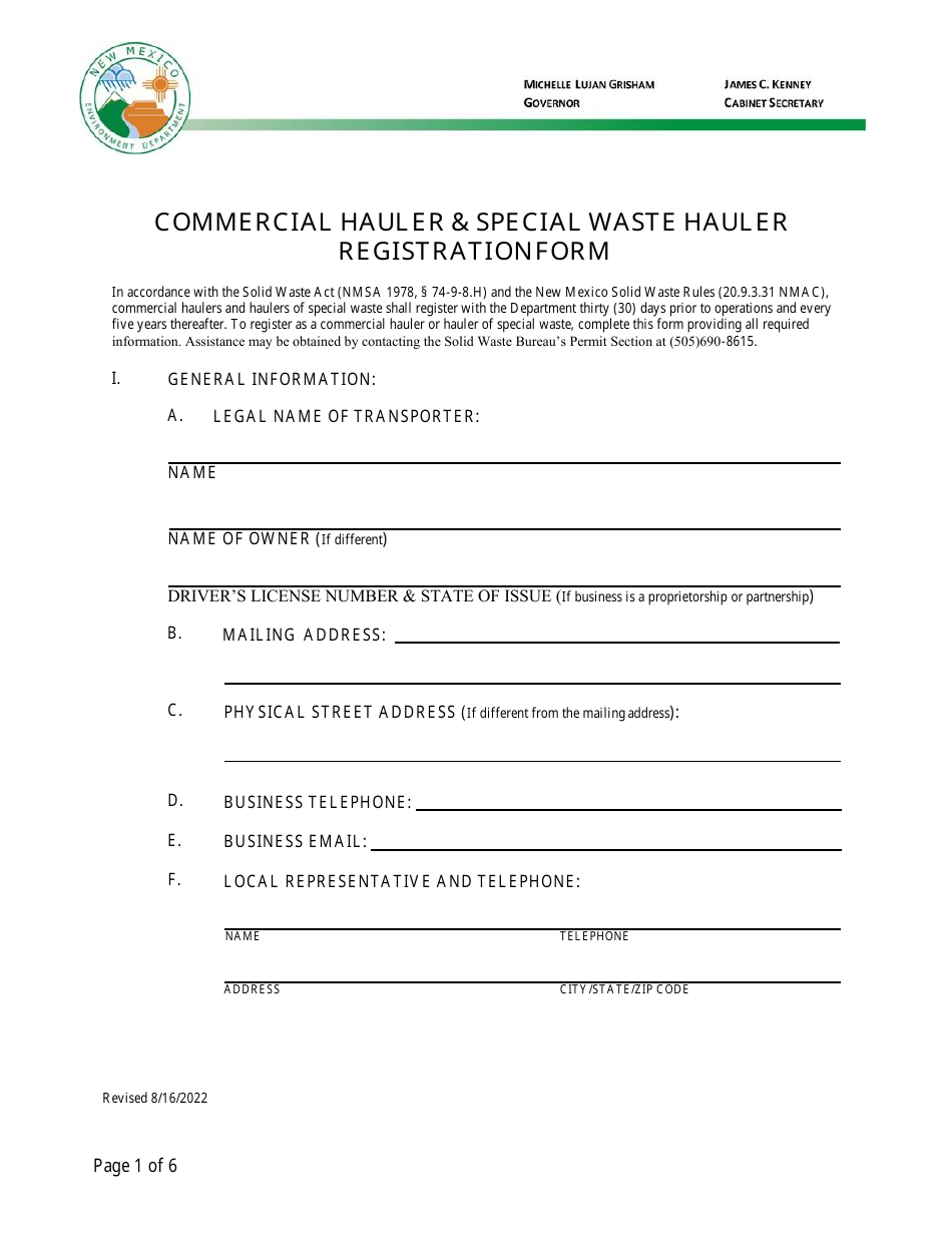 New Mexico Commercial Hauler & Special Waste Hauler Registration Form ...