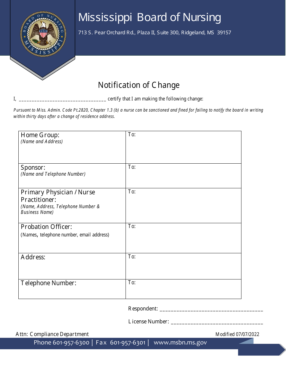 Mississippi Notification of Change Download Printable PDF | Templateroller