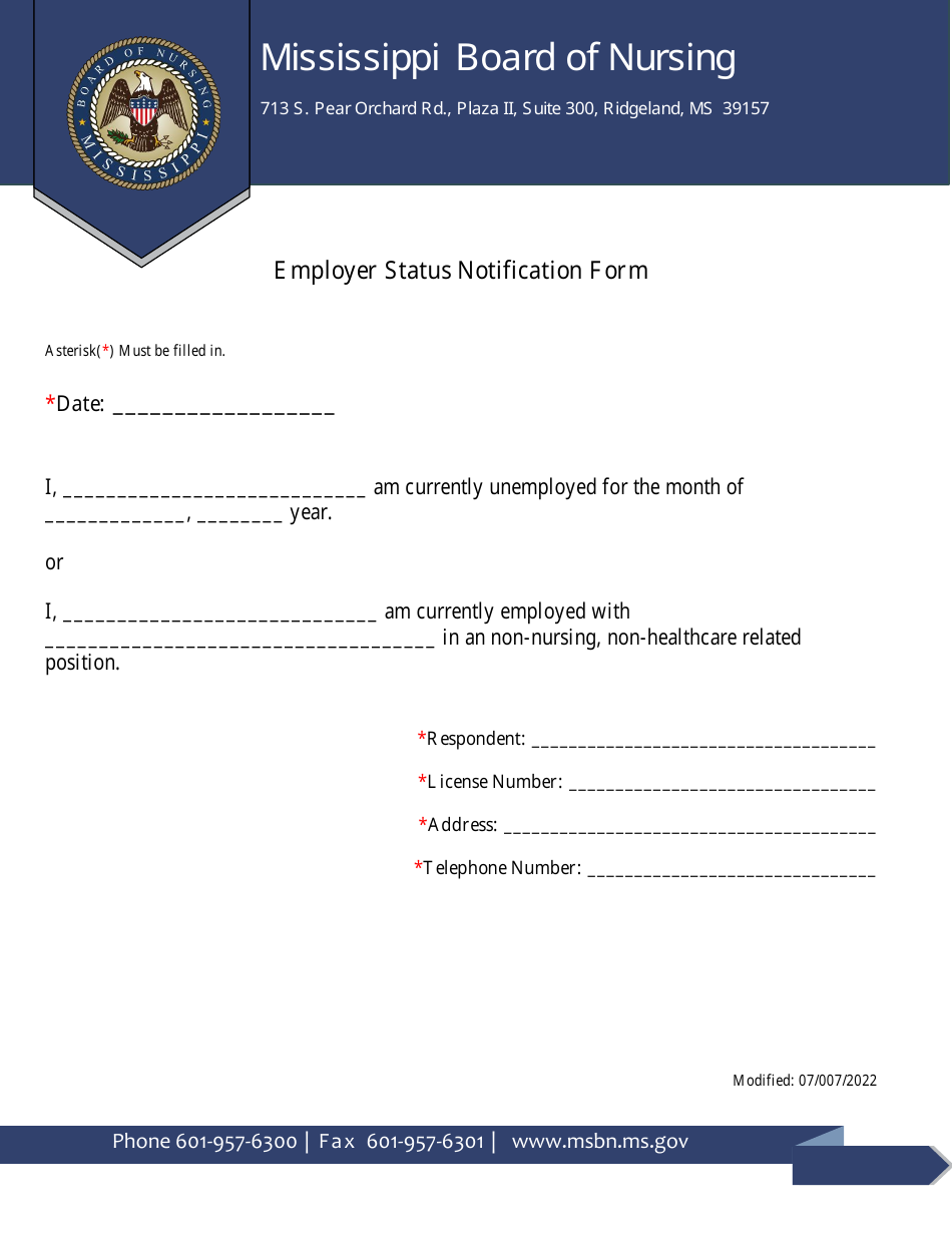 Mississippi Employer Status Notification Form Download Printable PDF ...