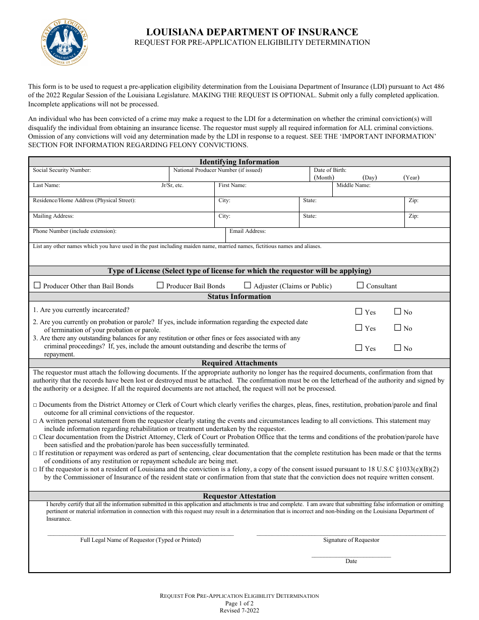 Louisiana Request for Pre-application Eligibility Determination - Fill ...