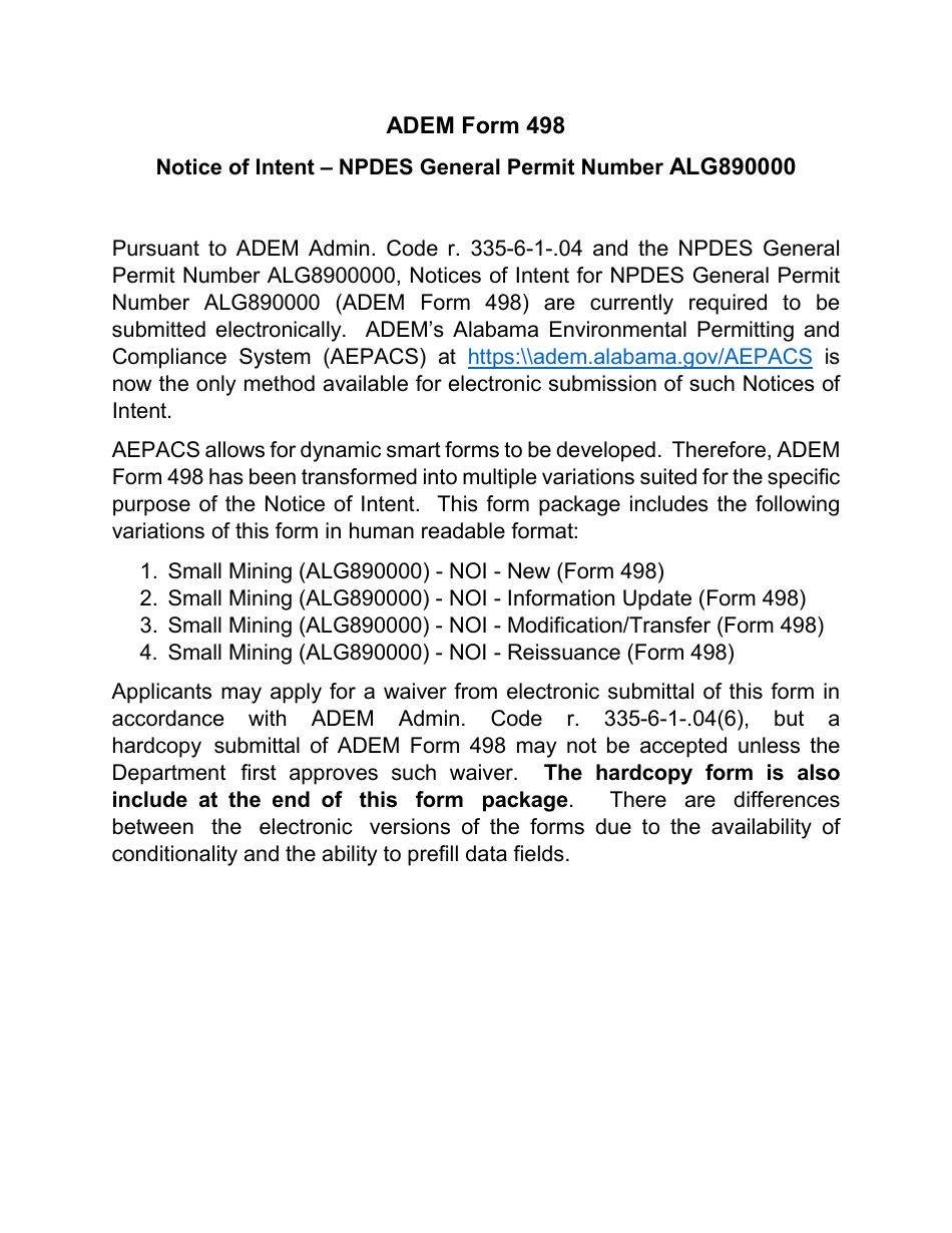ADEM Form 498 Download Printable PDF or Fill Online Notice of Intent ...