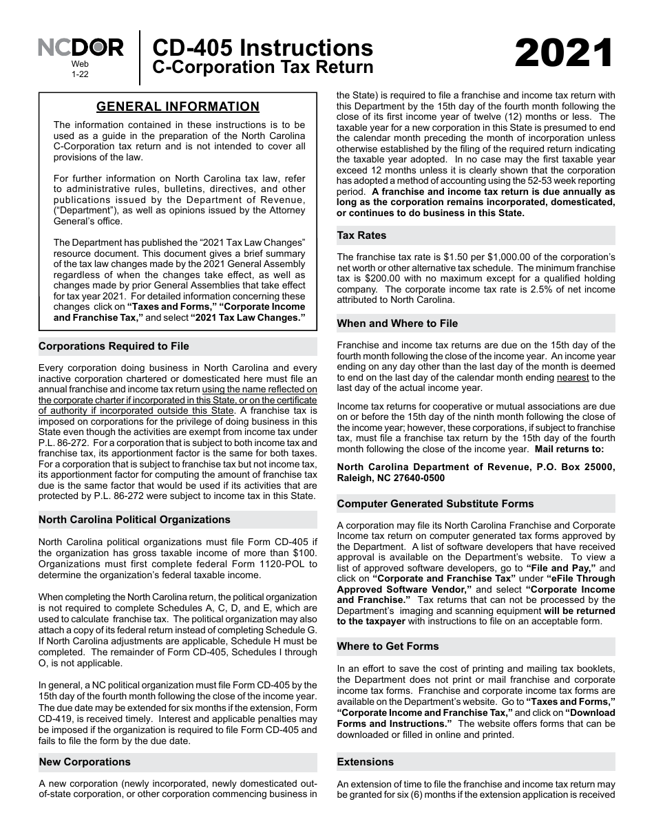 Download Instructions for Form CD-405 C-Corporation Tax Return PDF ...