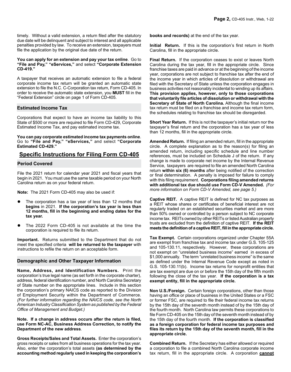 Download Instructions for Form CD-405 C-Corporation Tax Return PDF ...