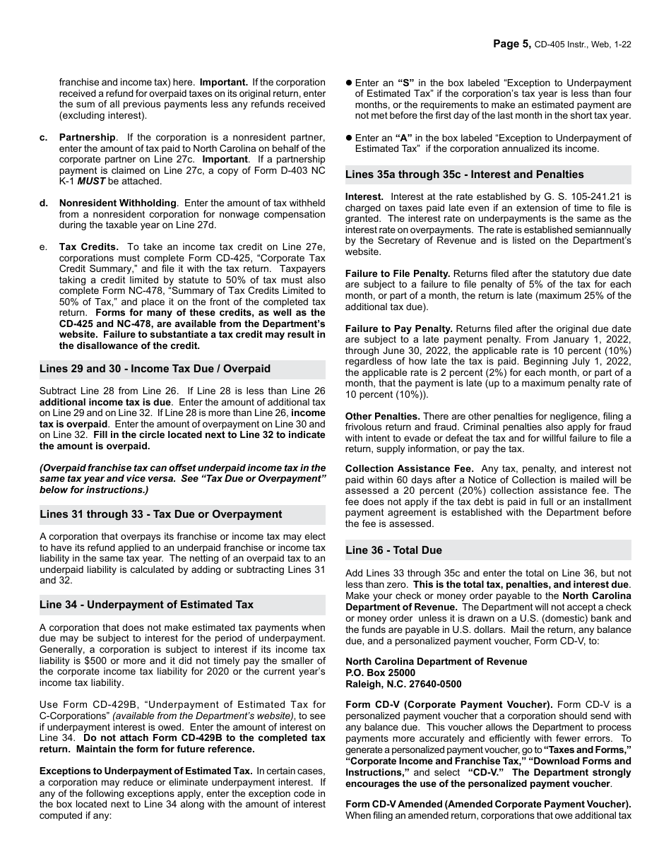 Download Instructions for Form CD-405 C-Corporation Tax Return PDF ...