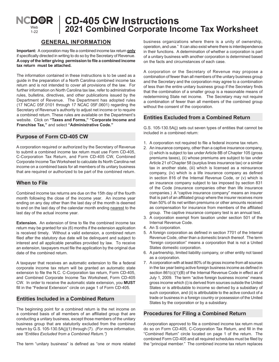 Download Instructions for Form CD-405 CW Combined Corporate Income Tax ...