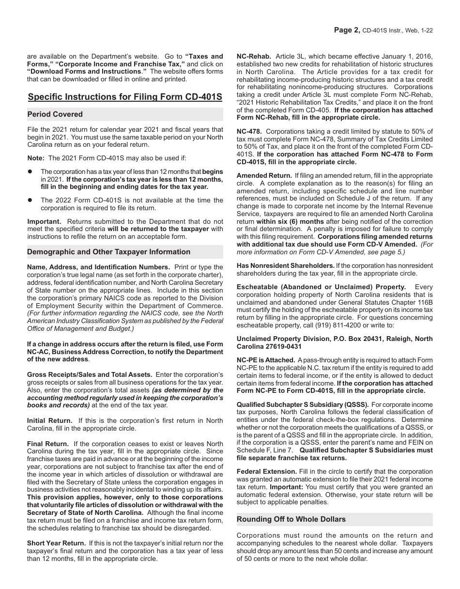 Download Instructions for Form CD-401S S-Corporation Tax Return PDF ...