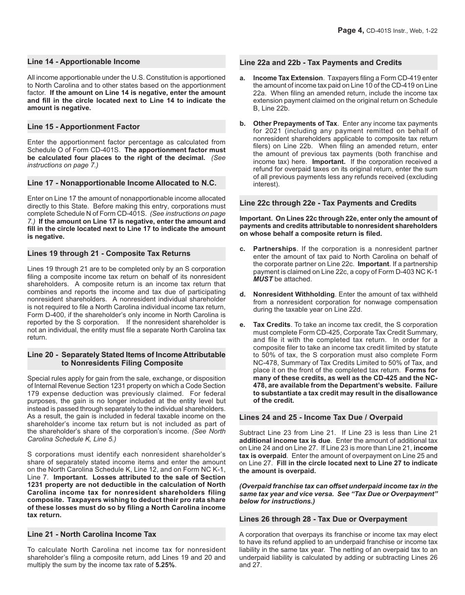 Download Instructions for Form CD-401S S-Corporation Tax Return PDF ...