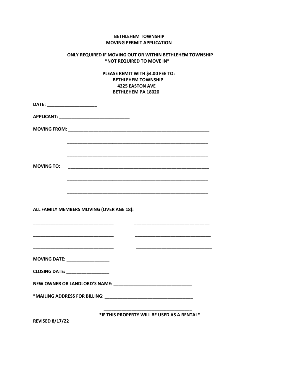 Bethlehem Township, Pennsylvania Moving Permit Application Download Fillable PDF | Templateroller