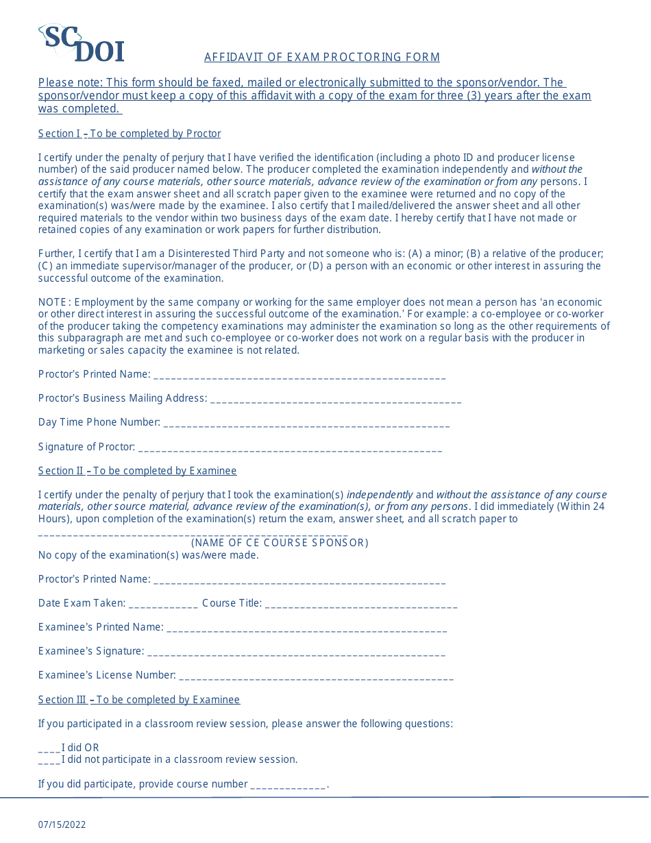 South Carolina Affidavit of Exam Proctoring Form Download Printable PDF ...
