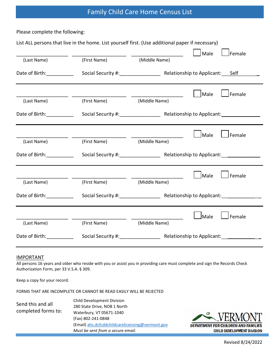 Vermont Family Child Care Home Census List Download Fillable PDF 2019 ...