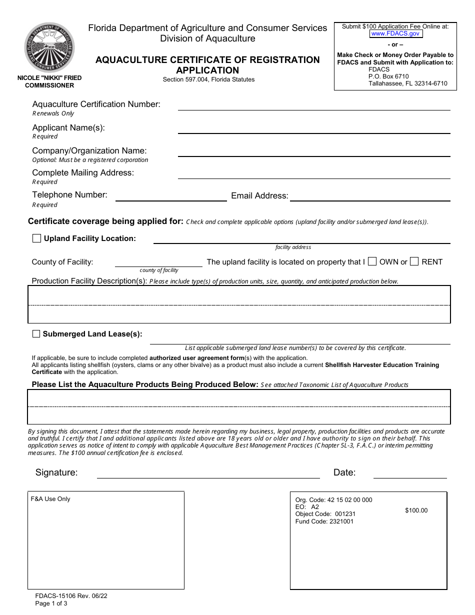 Form FDACS-15106 Download Fillable PDF or Fill Online Aquaculture ...