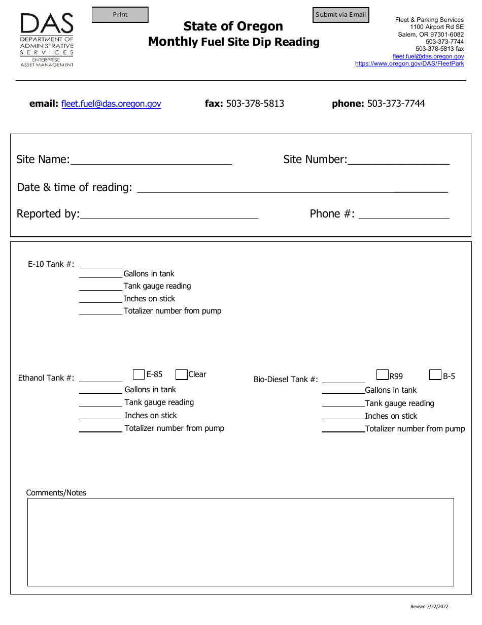 Oregon Monthly Fuel Site Dip Reading Download Fillable PDF | Templateroller