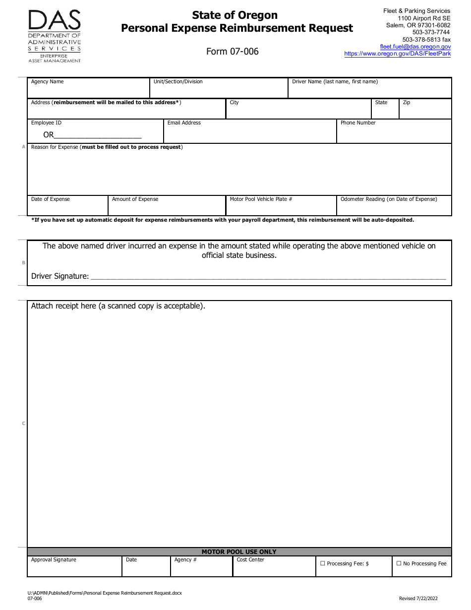 Form 07-006 Download Fillable PDF or Fill Online Personal Expense ...