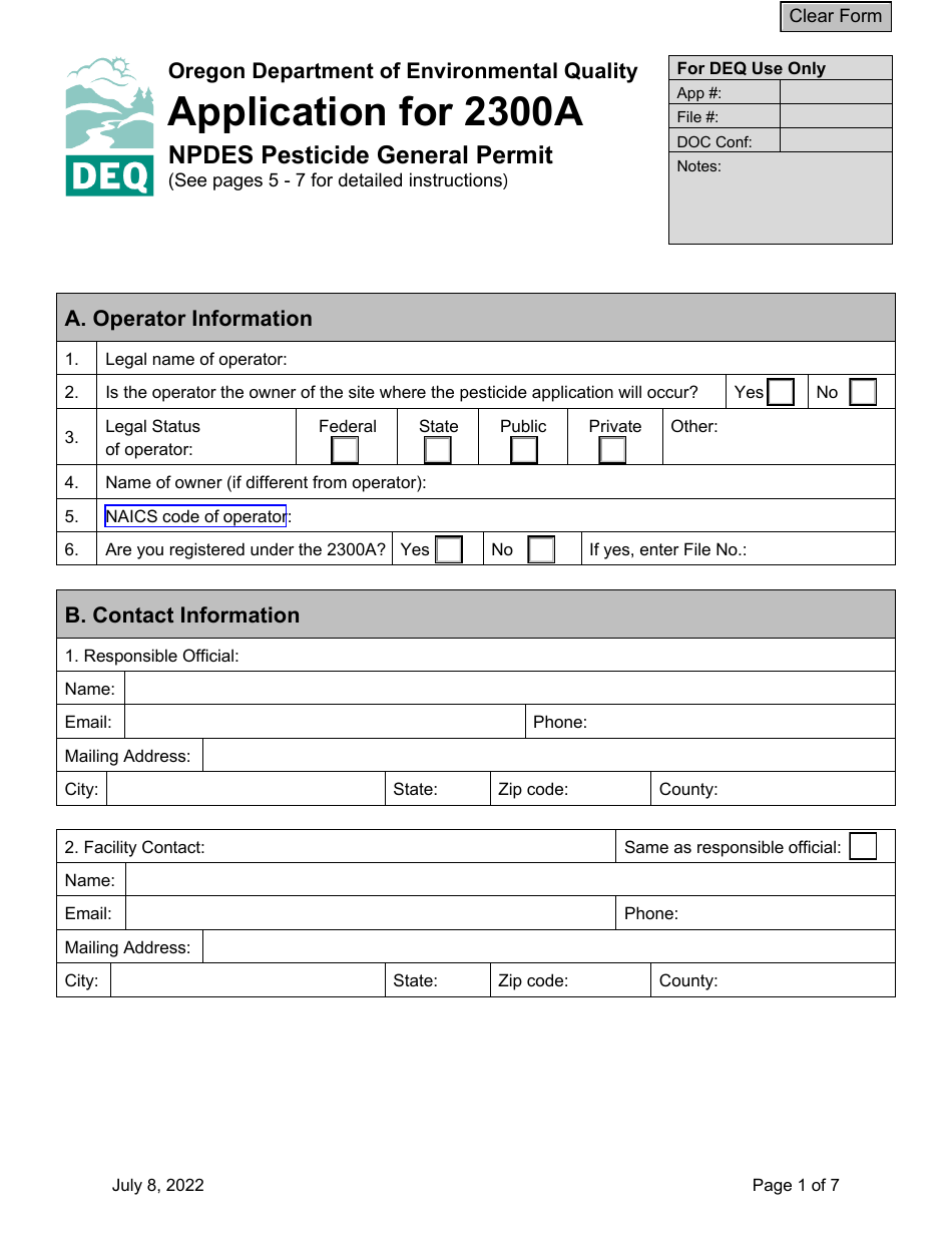 Oregon Application for 2300a Npdes Pesticide General Permit - Fill Out ...