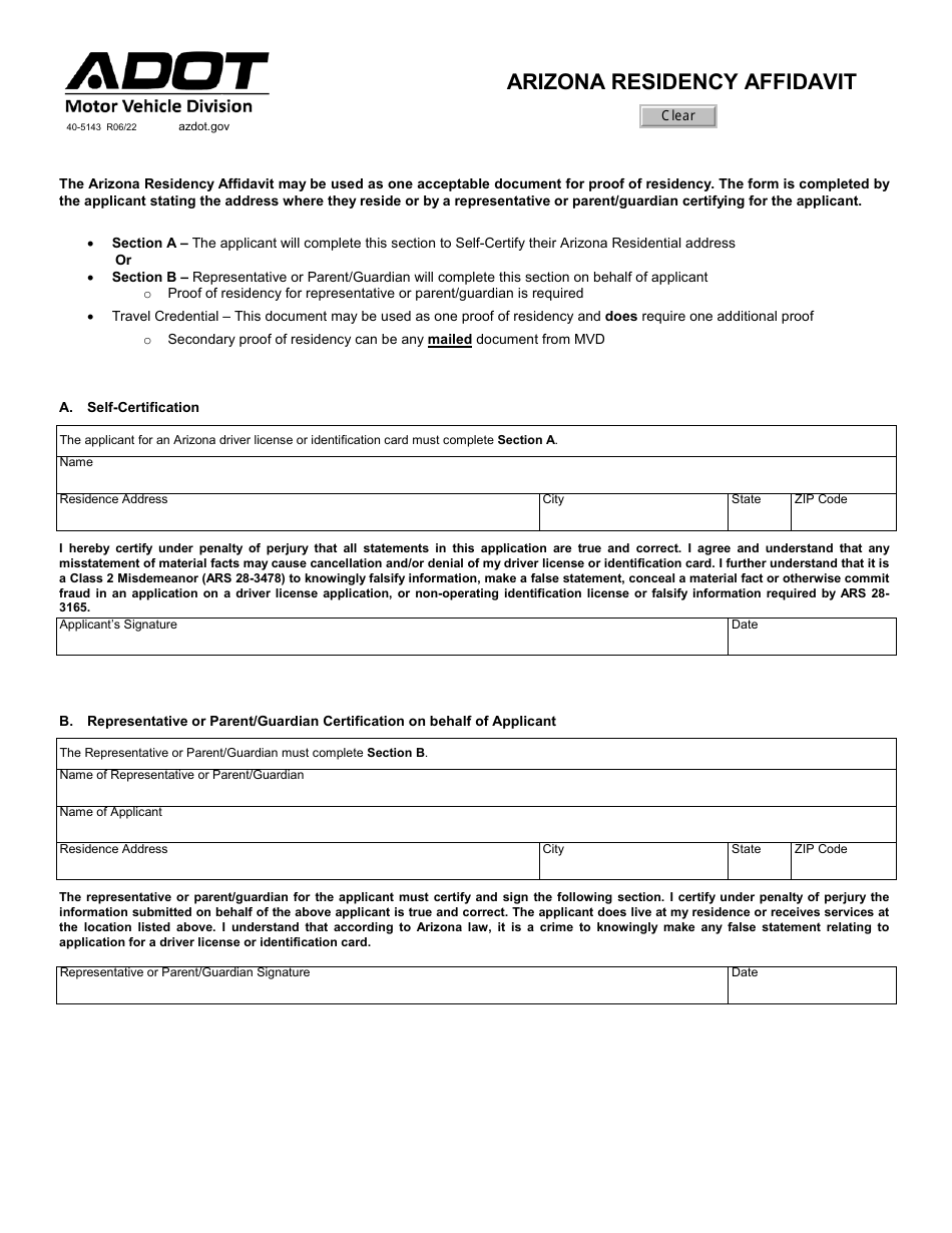 Form 40-5143 Download Fillable PDF or Fill Online Arizona Residency ...