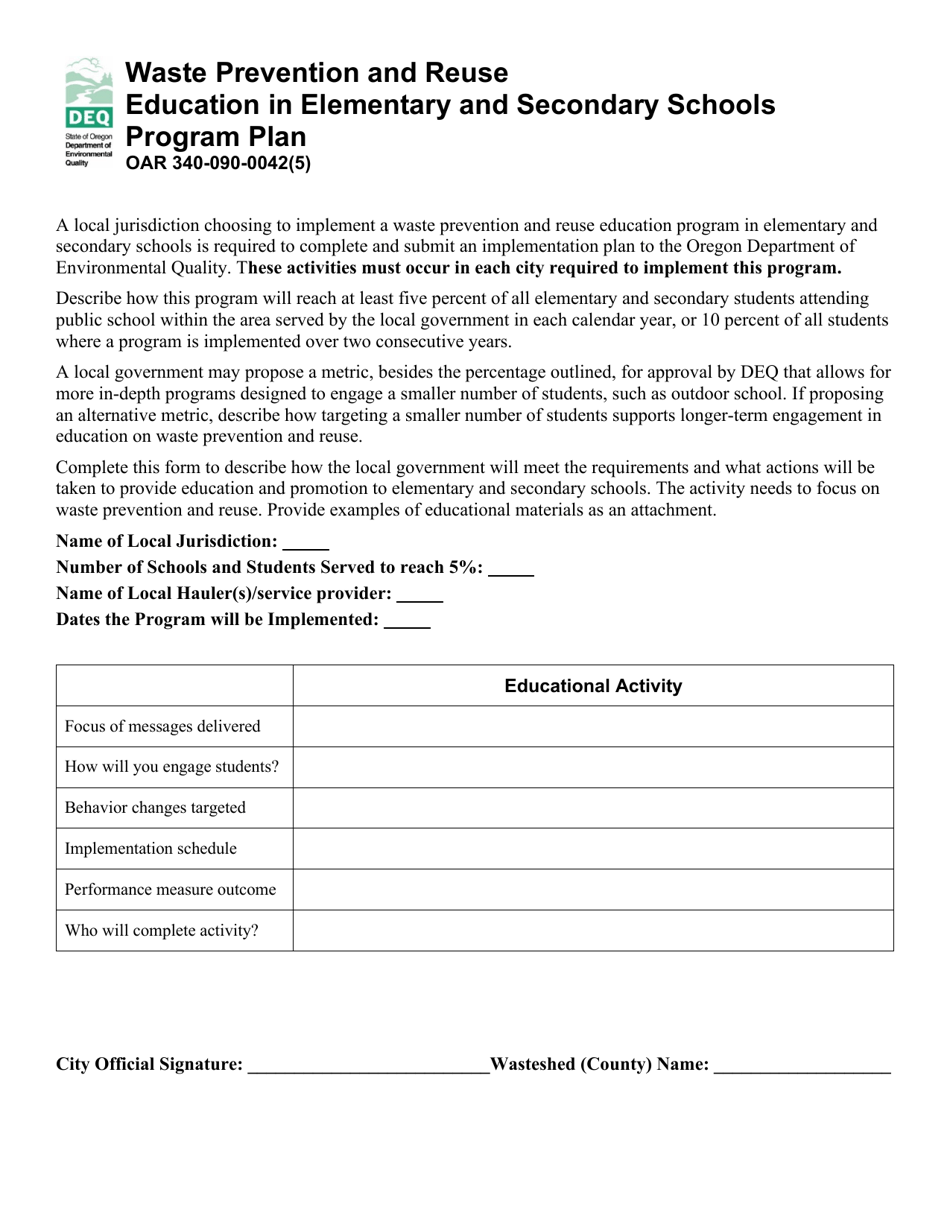 Oregon Waste Prevention and Reuse Education in Elementary and Secondary ...