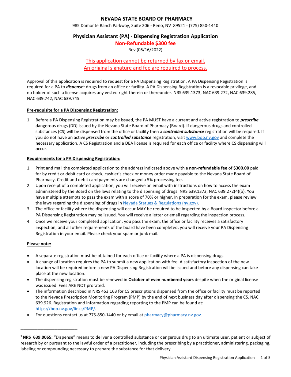 Nevada Physician Assistant (Pa) Dispensing Registration Application ...
