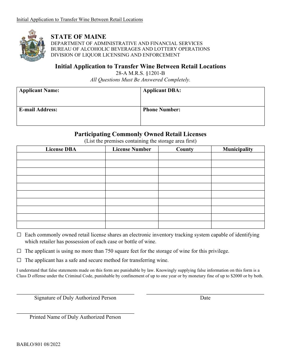Form BABLO/801 - Fill Out, Sign Online and Download Fillable PDF, Maine ...