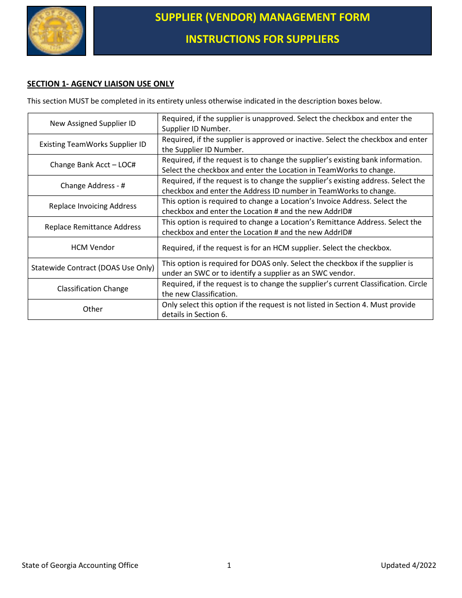 Download Instructions for Supplier (Vendor) Management Form PDF ...