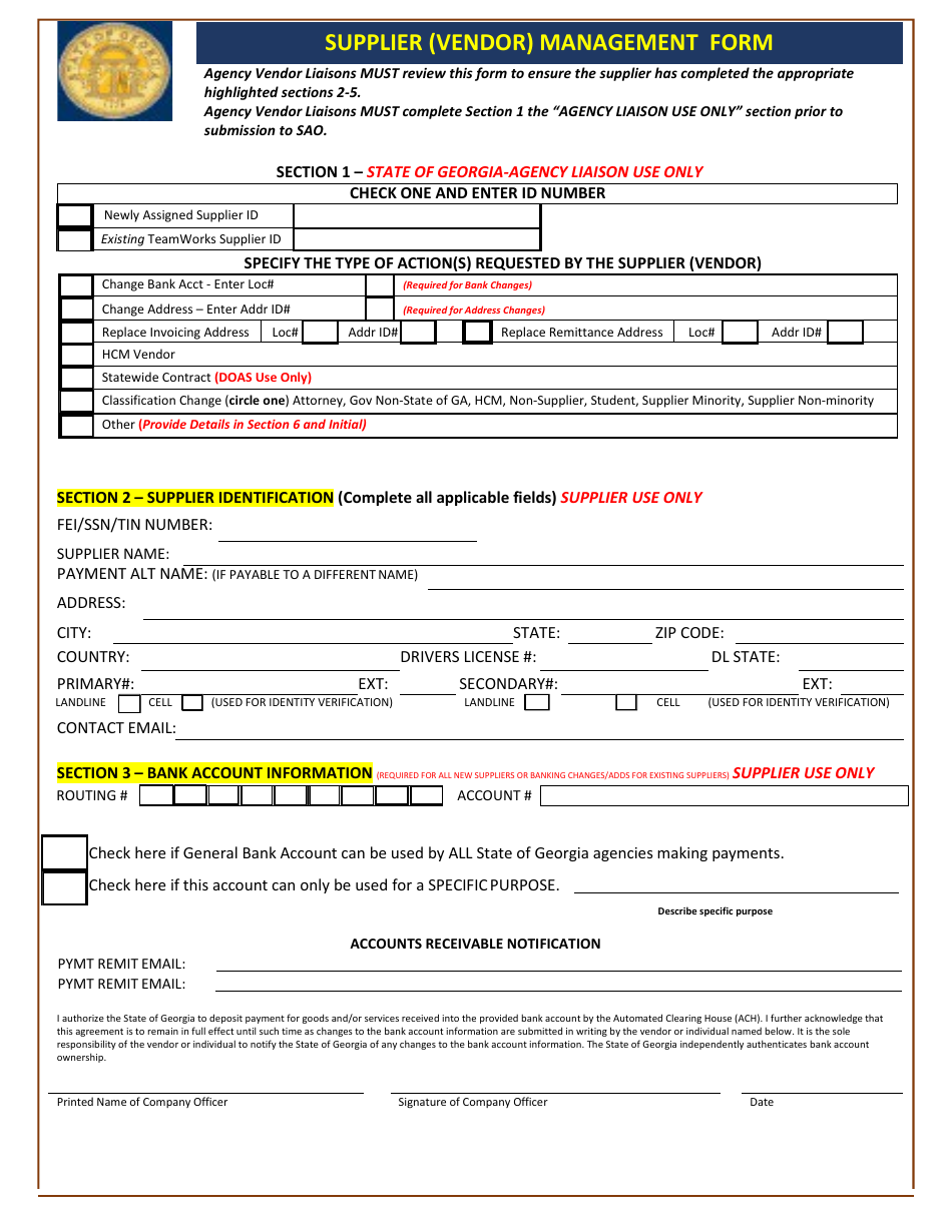 Georgia (United States) Supplier (Vendor) Management Form Download ...