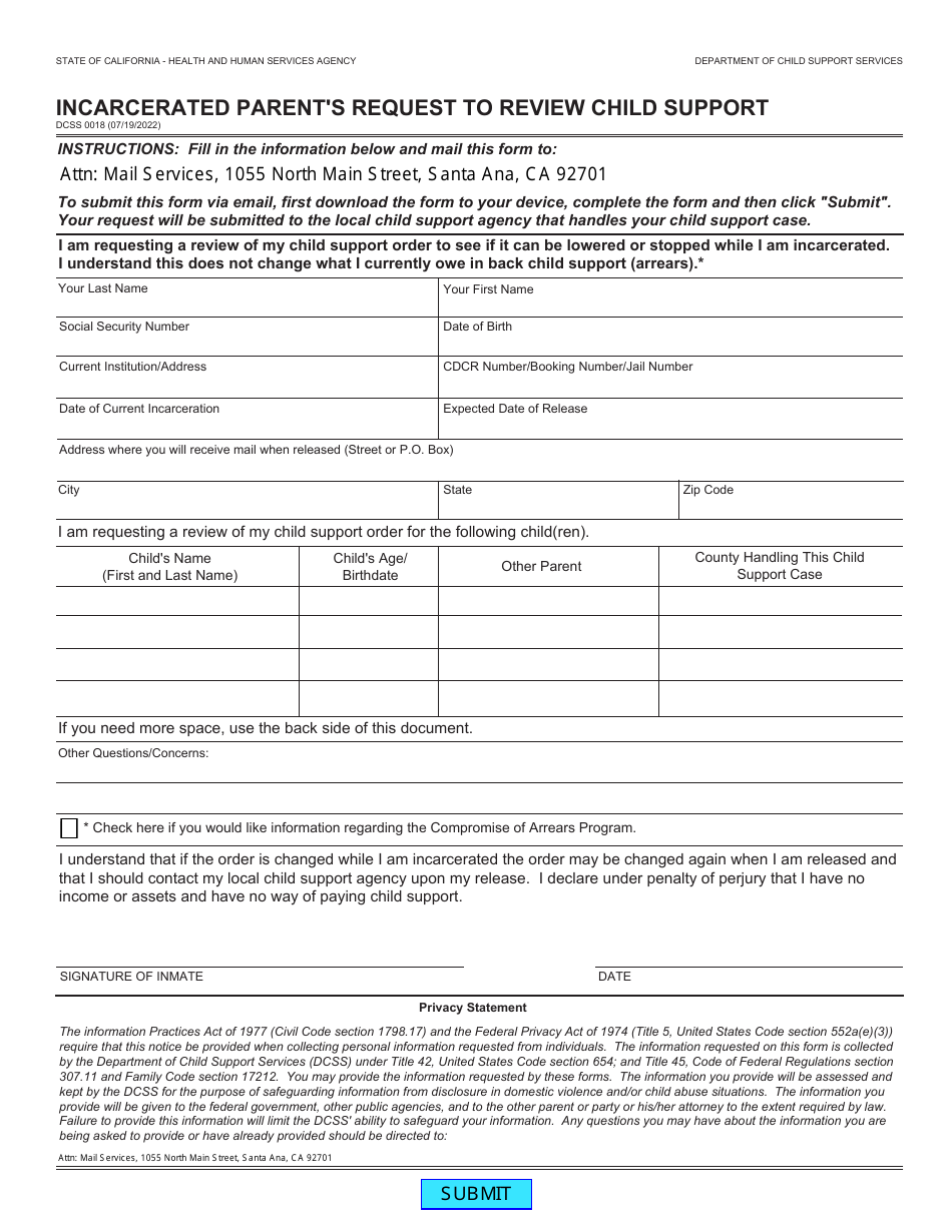 Form DCSS0018 Download Fillable PDF or Fill Online Incarcerated Parent ...