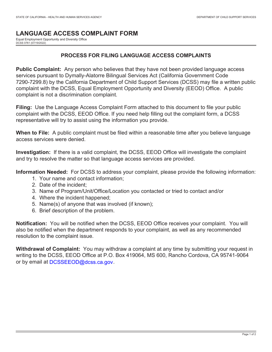 Form DCSS0761 - Fill Out, Sign Online and Download Fillable PDF ...