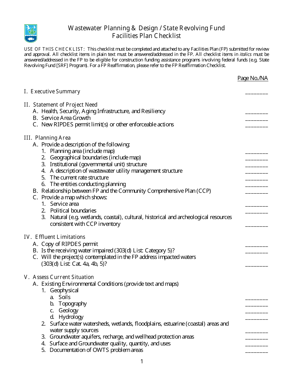 Rhode Island Facilities Plan Checklist - Wastewater Planning & Design ...