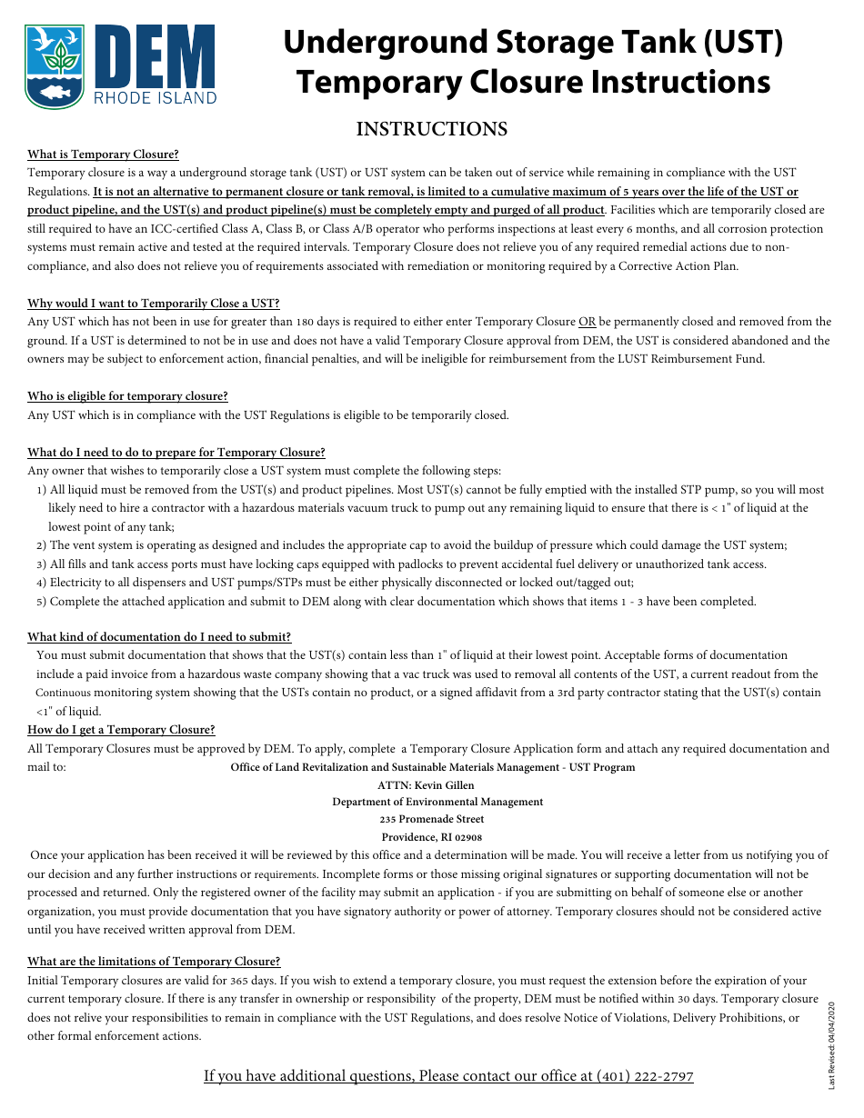 Rhode Island Underground Storage Tank (Ust) Temporary Closure ...