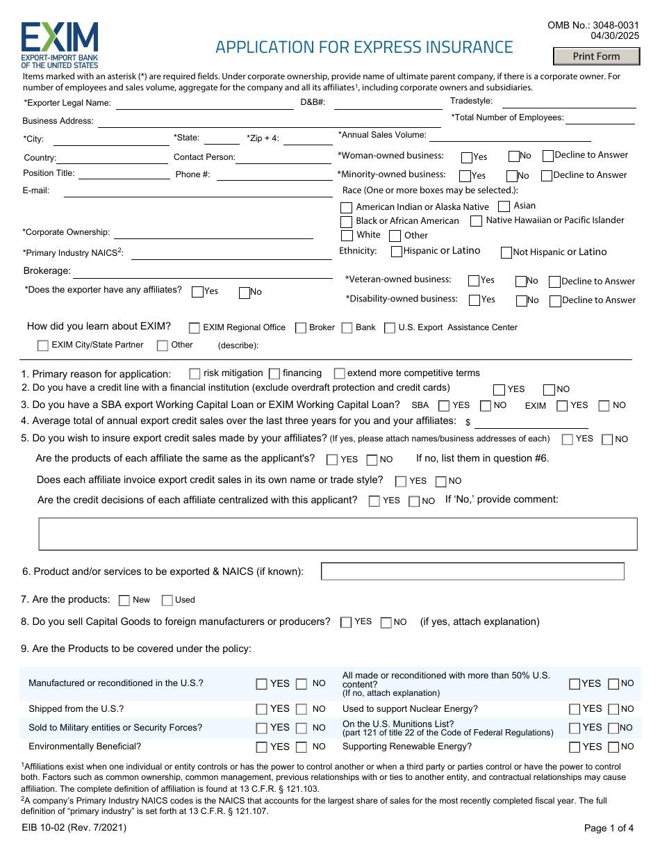 Form EIB10-02 Download Fillable PDF or Fill Online Application for ...