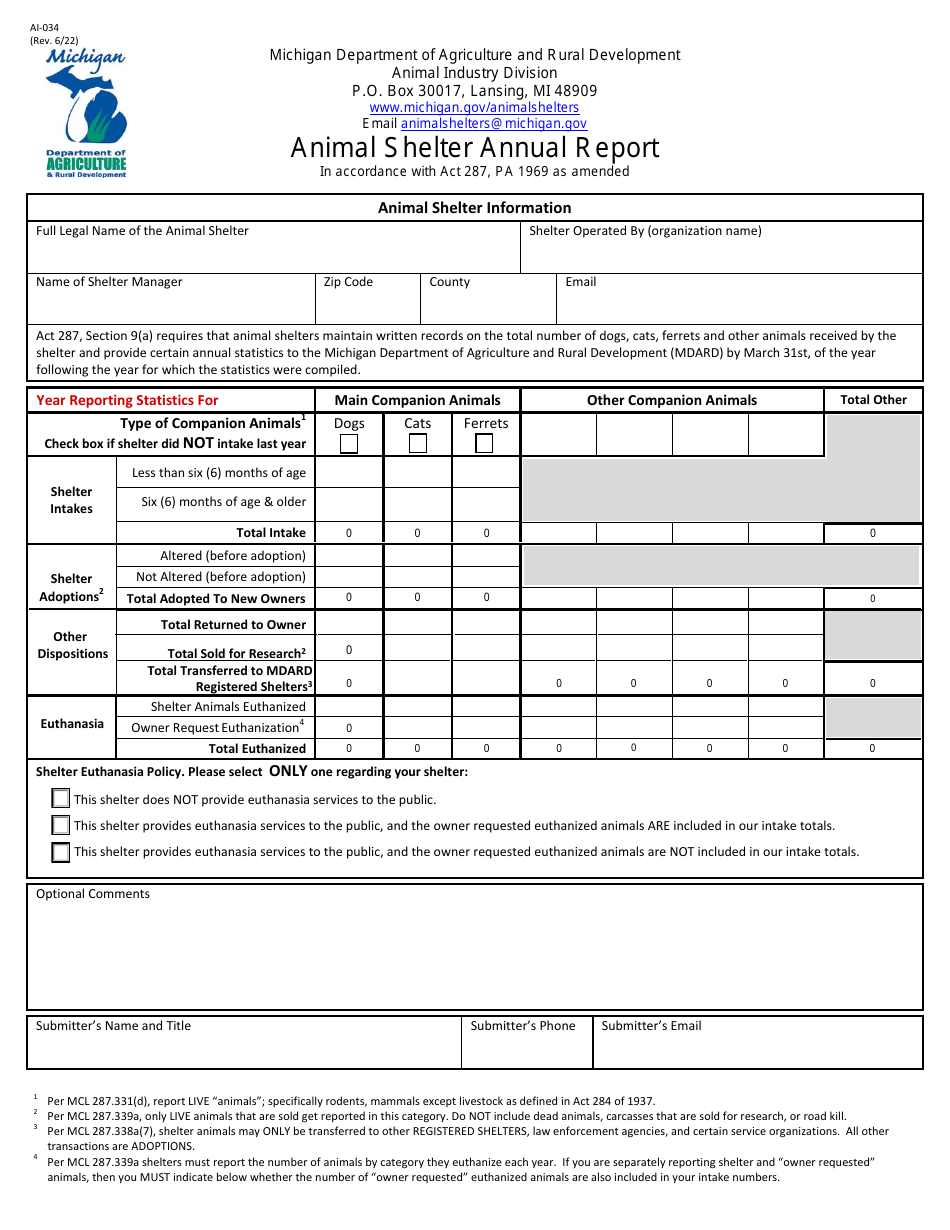 Form AI-034 Download Fillable PDF or Fill Online Animal Shelter Annual ...