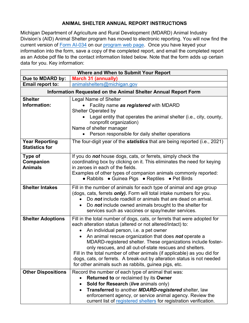 Download Instructions for Form AI-034 Animal Shelter Annual Report PDF ...